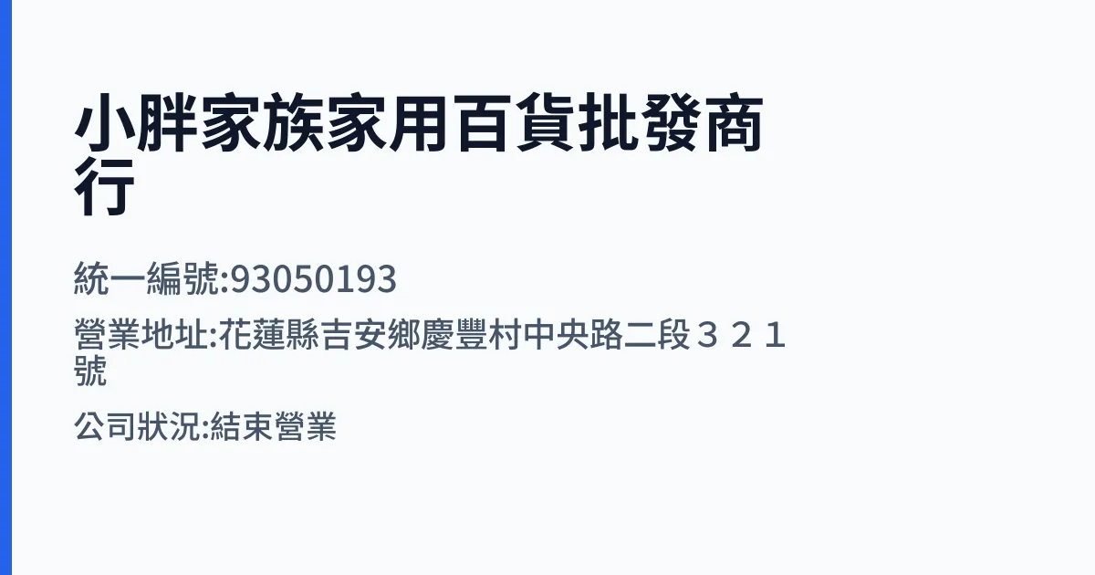小胖家族家用百貨批發商行 - 統編 93050193(花蓮縣) 公司登記資料與營業項目詳細圖表