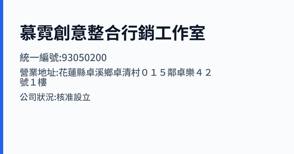 慕霓創意整合行銷工作室 - 統編 93050200(花蓮縣) 公司登記資料與營業項目詳細圖表