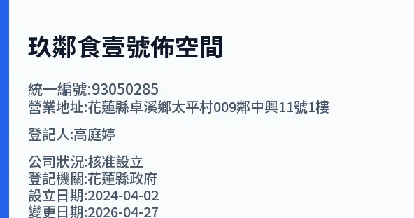 玖鄰食壹號佈空間的照片-統編 93050285(花蓮縣) 公司登記資料與營業項目詳細圖表