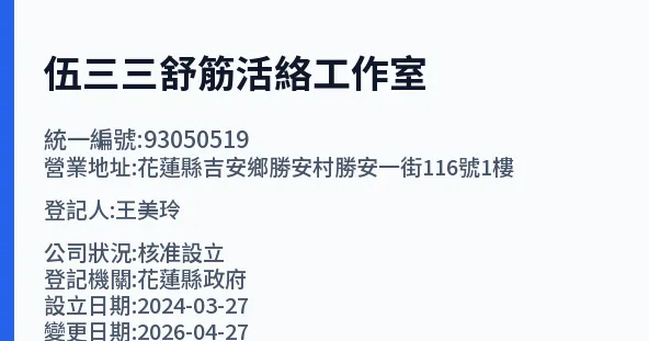伍三三舒筋活絡工作室的照片-統編 93050519(花蓮縣) 公司登記資料與營業項目詳細圖表