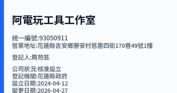 阿電玩工具工作室的照片-統編 93050911(花蓮縣) 公司登記資料與營業項目詳細圖表