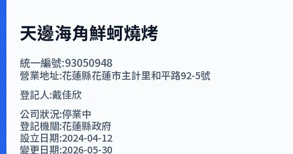 天邊海角鮮蚵燒烤的照片-統編 93050948(花蓮縣) 公司登記資料與營業項目詳細圖表