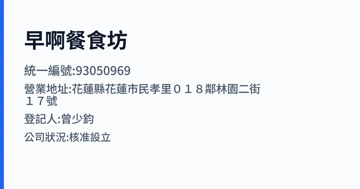 早啊餐食坊 - 統編 93050969(花蓮縣) 公司登記資料與營業項目詳細圖表