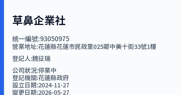 草鼻企業社的照片-統編 93050975(花蓮縣) 公司登記資料與營業項目詳細圖表