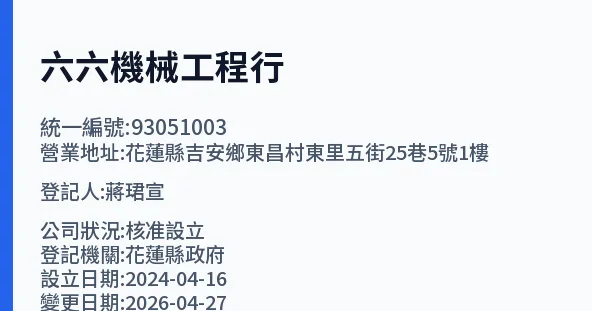六六機械工程行的照片-統編 93051003(花蓮縣) 公司登記資料與營業項目詳細圖表