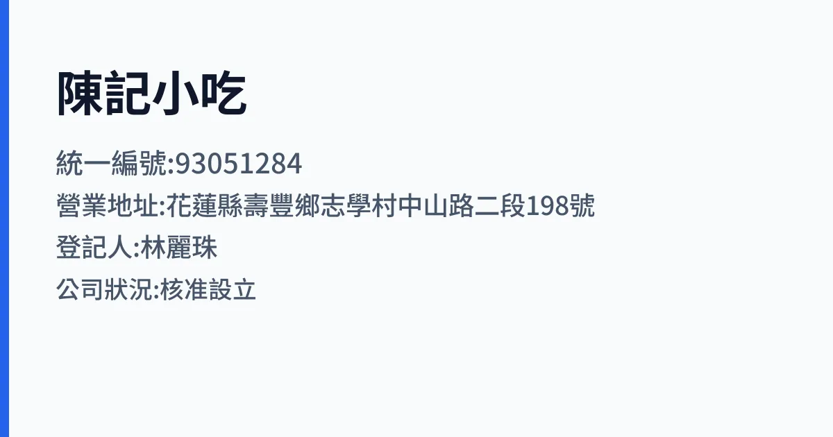 陳記小吃 - 統編 93051284(花蓮縣) 公司登記資料與營業項目詳細圖表