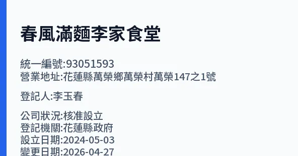 春風滿麵李家食堂的照片-統編 93051593(花蓮縣) 公司登記資料與營業項目詳細圖表