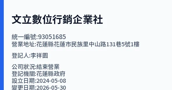 文立數位行銷企業社的照片-統編 93051685(花蓮縣) 公司登記資料與營業項目詳細圖表