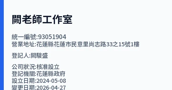 闕老師工作室的照片-統編 93051904(花蓮縣) 公司登記資料與營業項目詳細圖表