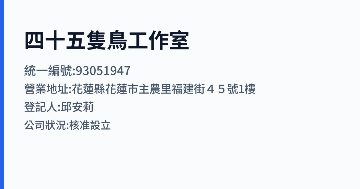 四十五隻鳥工作室 - 統編 93051947(花蓮縣) 公司登記資料與營業項目詳細圖表