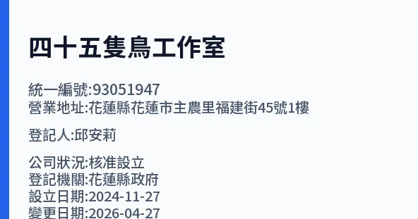 四十五隻鳥工作室的照片-統編 93051947(花蓮縣) 公司登記資料與營業項目詳細圖表