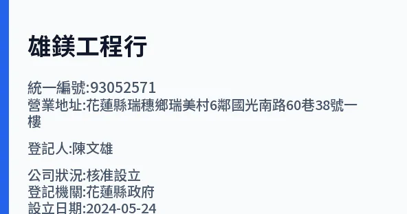 雄鎂工程行的照片-統編 93052571(花蓮縣) 公司登記資料與營業項目詳細圖表