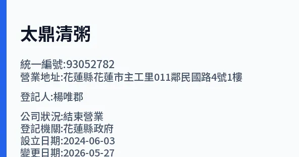 太鼎清粥的照片-統編 93052782(花蓮縣) 公司登記資料與營業項目詳細圖表