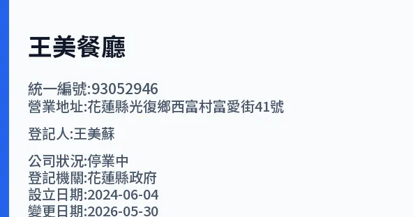 王美餐廳的照片-統編 93052946(花蓮縣) 公司登記資料與營業項目詳細圖表