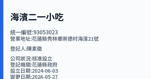 海濱二一小吃的照片-統編 93053023(花蓮縣) 公司登記資料與營業項目詳細圖表