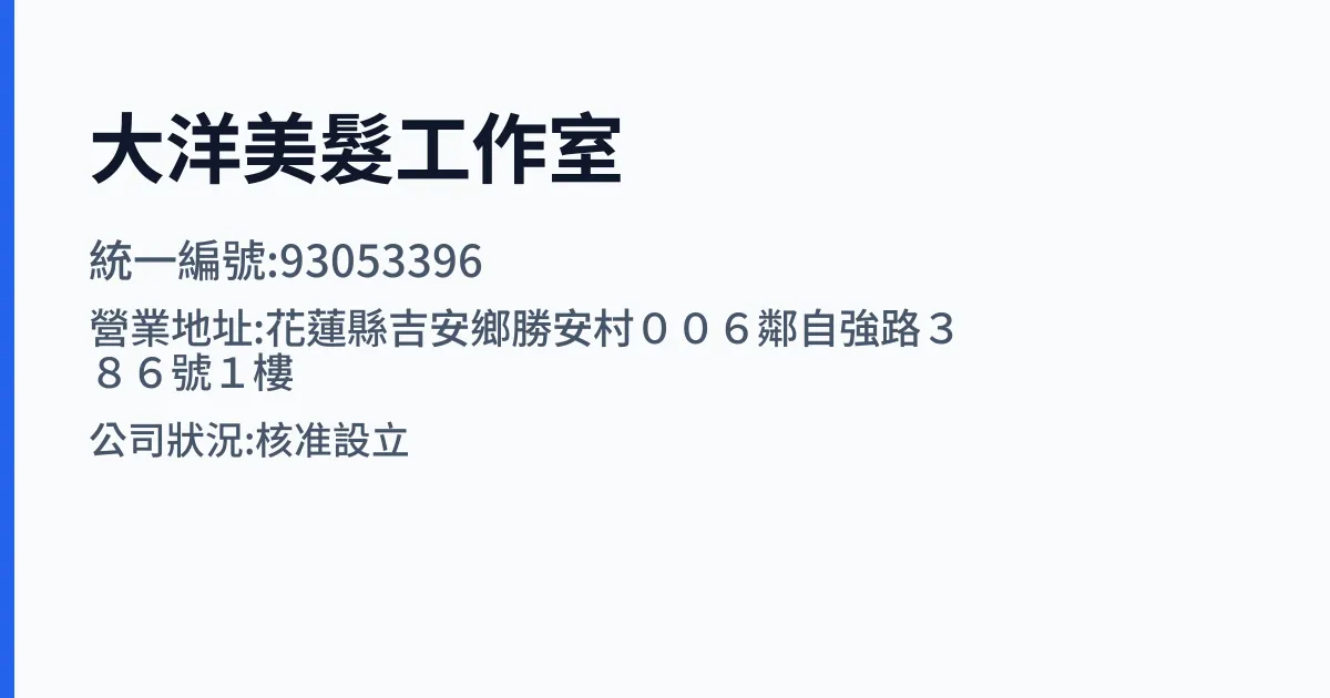 大洋美髮工作室 - 統編 93053396(花蓮縣) 公司登記資料與營業項目詳細圖表