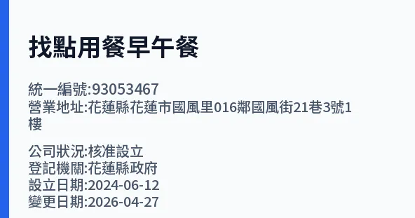 找點用餐早午餐的照片-統編 93053467(花蓮縣) 公司登記資料與營業項目詳細圖表