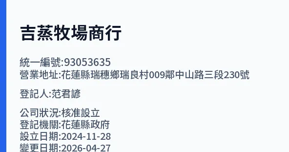 吉蒸牧場商行的照片-統編 93053635(花蓮縣) 公司登記資料與營業項目詳細圖表