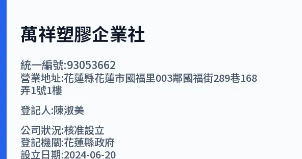萬祥塑膠企業社的照片-統編 93053662(花蓮縣) 公司登記資料與營業項目詳細圖表