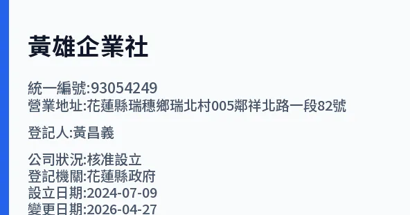 黃雄企業社的照片-統編 93054249(花蓮縣) 公司登記資料與營業項目詳細圖表
