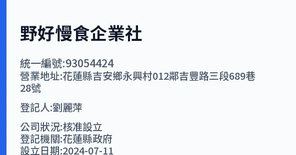 野好慢食企業社的照片-統編 93054424(花蓮縣) 公司登記資料與營業項目詳細圖表
