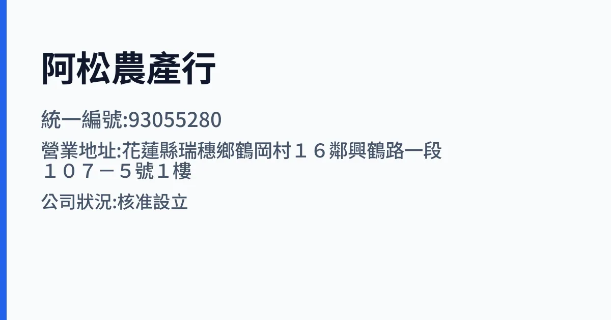 阿松農產行 - 統編 93055280(花蓮縣) 公司登記資料與營業項目詳細圖表