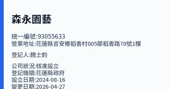 森永園藝的照片-統編 93055633(花蓮縣) 公司登記資料與營業項目詳細圖表