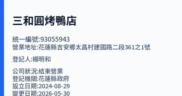 三和圓烤鴨店的照片-統編 93055943(花蓮縣) 公司登記資料與營業項目詳細圖表