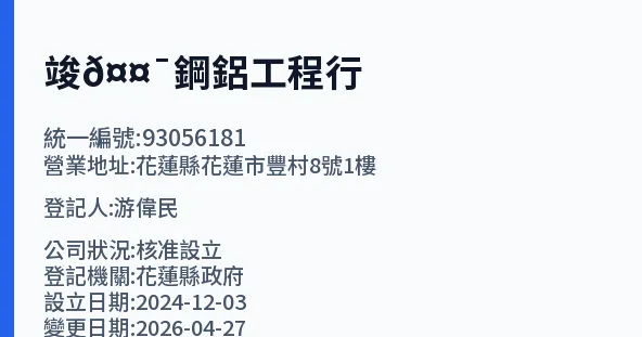 竣𤤯鋼鋁工程行的照片-統編 93056181(花蓮縣) 公司登記資料與營業項目詳細圖表