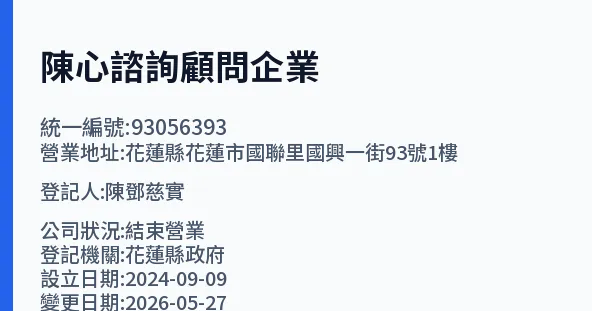 陳心諮詢顧問企業的照片-統編 93056393(花蓮縣) 公司登記資料與營業項目詳細圖表