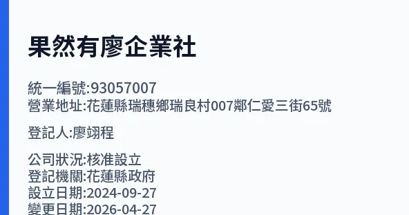 果然有廖企業社的照片-統編 93057007(花蓮縣) 公司登記資料與營業項目詳細圖表