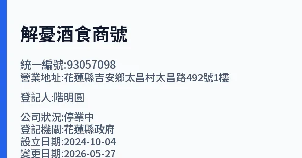 解憂酒食商號的照片-統編 93057098(花蓮縣) 公司登記資料與營業項目詳細圖表