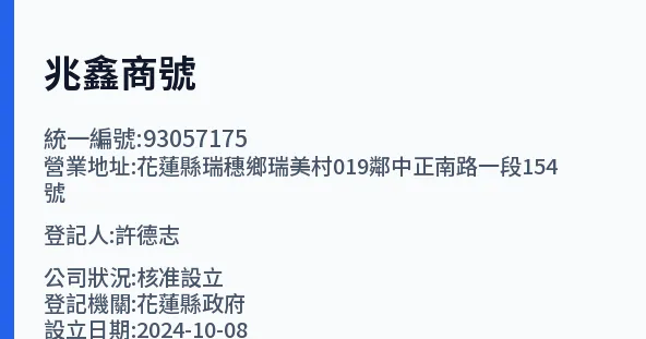 兆鑫商號的照片-統編 93057175(花蓮縣) 公司登記資料與營業項目詳細圖表