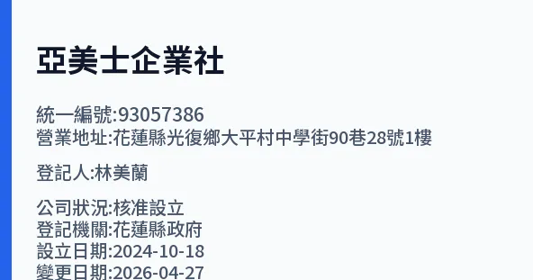 亞美士企業社的照片-統編 93057386(花蓮縣) 公司登記資料與營業項目詳細圖表