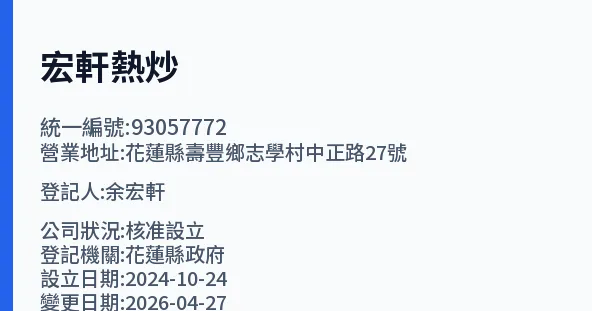 宏軒熱炒的照片-統編 93057772(花蓮縣) 公司登記資料與營業項目詳細圖表