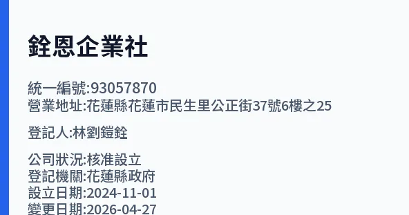 銓恩企業社的照片-統編 93057870(花蓮縣) 公司登記資料與營業項目詳細圖表