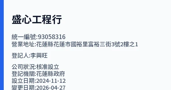 盛心工程行的照片-統編 93058316(花蓮縣) 公司登記資料與營業項目詳細圖表