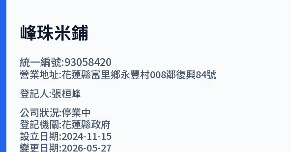 峰珠米鋪的照片-統編 93058420(花蓮縣) 公司登記資料與營業項目詳細圖表