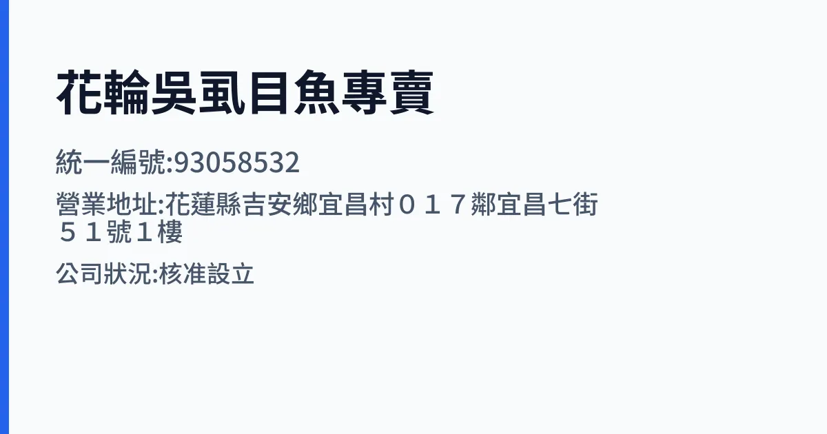 花輪吳虱目魚專賣 - 統編 93058532(花蓮縣) 公司登記資料與營業項目詳細圖表