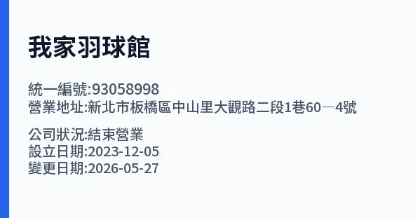 我家羽球館的照片-統編 93058998(新北市) 公司登記資料與營業項目詳細圖表