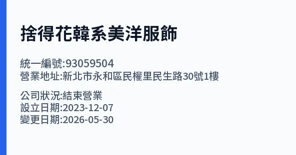 捨得花韓系美洋服飾的照片-統編 93059504(新北市) 公司登記資料與營業項目詳細圖表
