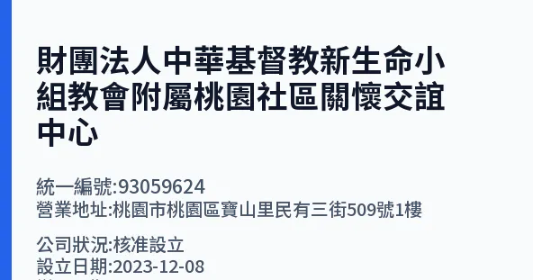 財團法人中華基督教新生命小組教會附屬桃園社區關懷交誼中心的照片-統編 93059624(桃園市) 公司登記資料與營業項目詳細圖表