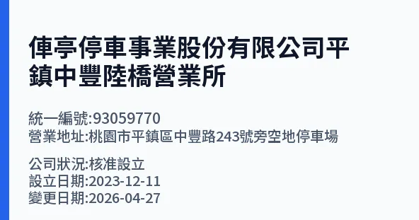 俥亭停車事業股份有限公司平鎮中豐陸橋營業所的照片-統編 93059770(桃園市) 公司登記資料與營業項目詳細圖表