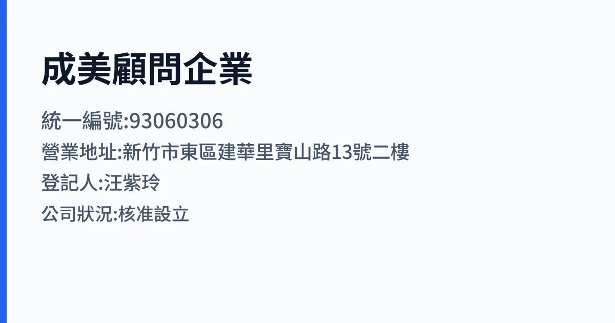 成美顧問企業 - 統編 93060306(新竹市) 公司登記資料與營業項目詳細圖表