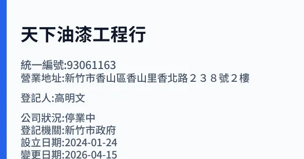 天下油漆工程行的照片-統編 93061163(新竹市) 公司登記資料與營業項目詳細圖表