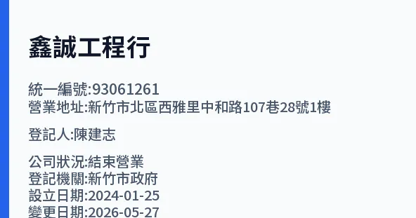 鑫誠工程行的照片-統編 93061261(新竹市) 公司登記資料與營業項目詳細圖表