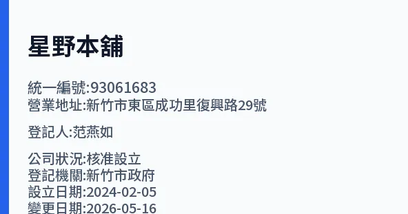 星野本舖的照片-統編 93061683(新竹市) 公司登記資料與營業項目詳細圖表