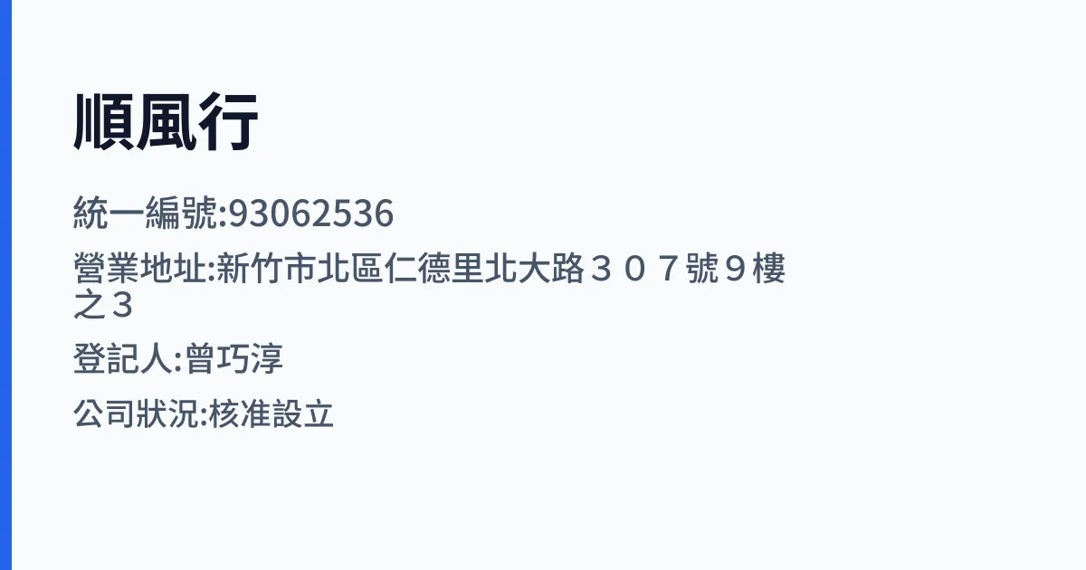 順風行 - 統編 93062536(新竹市) 公司登記資料與營業項目詳細圖表