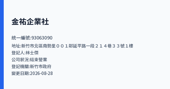 金祐企業社的照片-統編 93063090(新竹市) 公司登記資料與營業項目詳細圖表