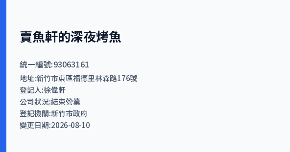 賣魚軒的深夜烤魚的照片-統編 93063161(新竹市) 公司登記資料與營業項目詳細圖表